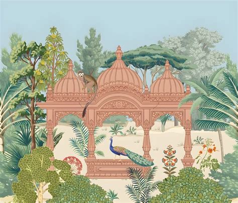 Traditional Indian Temple Garden Forest Peacock Monkey Pattern