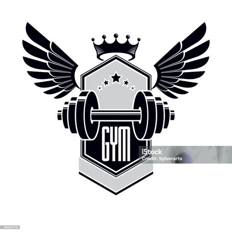 헤비 급 헬스 클럽 이나 피트 니스 스포츠 체육관에 대 한 로고 날개 복고 양식된 벡터 상징 또는 바 벨과 배지 건강한 생활방식에 대한 스톡 벡터 아트 및 기타 이미지