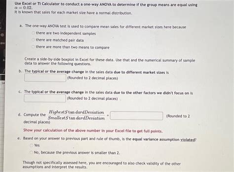 Solved One Way Anova The Following Data Represent The Sales