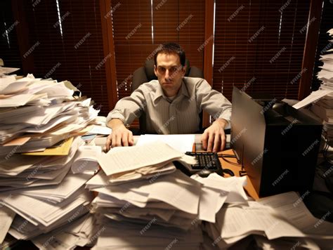 Premium Ai Image Office Worker Typing Furiously On A Computer Keyboard Surrounded By Stacks Of