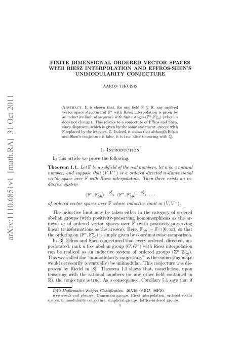 Pdf Finite Dimensional Ordered Vector Spaces With Riesz Interpolation And Effros Shens