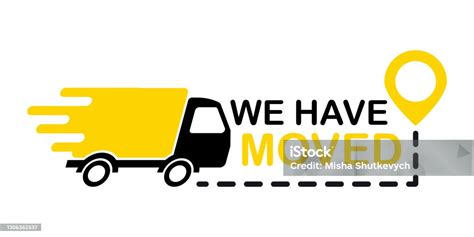 우리는 이동 변경 된 주소를 가지고있다 위치 포인터를 매핑합니다 우리는 이사했습니다 위치 표시가 있는 트럭 변경된 주소 탐색입니다 전자 상거래 배달 또는 전송 라벨과 같은