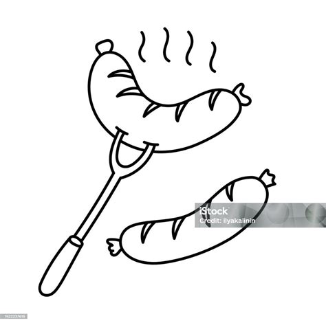 포크에 튀긴 소시지 바베큐 고기 제품 편집 가능한 윤곽선 획 두께 벡터 선 아이콘입니다 바베큐그릴에 대한 스톡 벡터 아트 및 기타 이미지 Istock