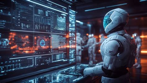 Futuristic Workspace With Ai Assistants Analyzing Data In A High Tech