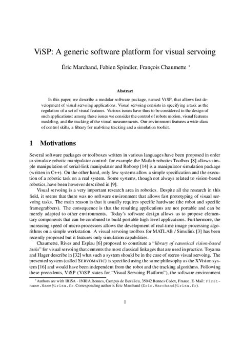 Pdf Visp A Generic Software Platform For Visual Servoing