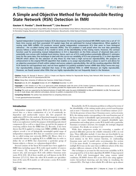 Pdf A Simple And Objective Method For Reproducible Resting State Network Rsn Detection In Fmri