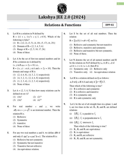 Relations Functions Dpp 02 Lakshya Jee 2 0 202464ba5b5e1f5ad20018ae157e Pdf Mathematical