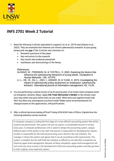 infs2701 week 2 tutorial cricos provider code 00098g infs 2701 week 2