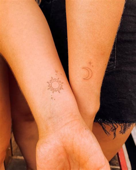 Fine Line Matching Sun And Moon Tattoo For Best