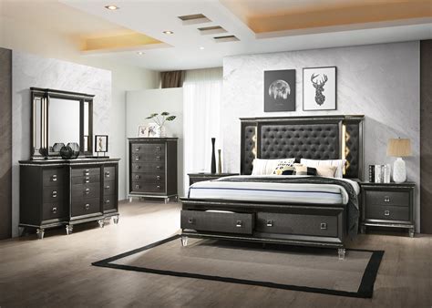 Black Bed Wdrawers And Led Lights 4 Pcs Set Qb Ns Dr Mr