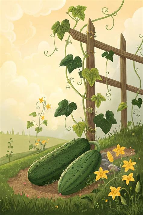 Lush Cucumber Garden With Rustic Trellis And Sunlit Greenery Stock Illustration Illustration