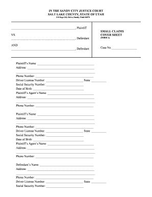 Sc1 Form A Small Claims Cover Sheet Sandy City Sandy Utah Fill