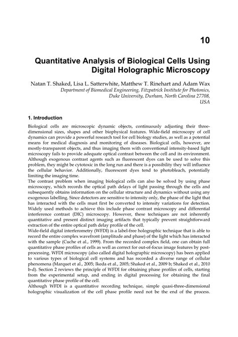 Pdf Quantitative Analysis Of Biological Cells Using Digital Holographic Microscopy