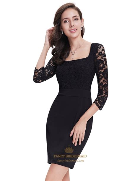 Black Lace Sheath Short Cocktail Dress With 3 4 Sleeves Fancy