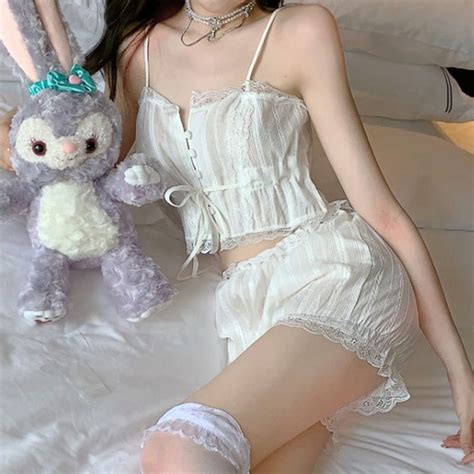 치코엘라 [해외 수입] 섹시 레이스 크롭 시스루 나시반바지 캐미솔 잠옷세트set