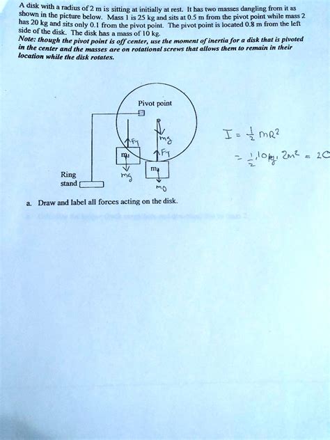 a disk with a radius of 2 m is sitting at initially al rest it has two