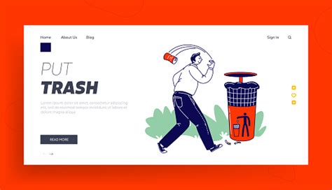 남성 문자 오염 환경 방문 페이지 템플릿 땅에 쓰레기를 던지는 쓰레기통에 의해 지나가는 도시 거주자 감소에 대한 스톡 벡터 아트