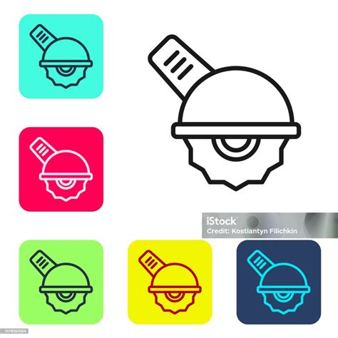 흰색 배경에 고립 된 강철 이빨 디스크 아이콘검은 라인 전기 원형 톱 나무 또는 금속을 절단하기위한 전기 손 도구 색상 정사각형 단추로 아이콘을 설정합니다 벡터 Rotary