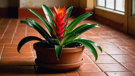 Red Bromeliad Growing In Terracotta Pot On Tiled Floor Stock