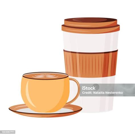 카페인 음료 만화 벡터 일러스트 세라믹 컵의 카푸치노 에스프레소와 라떼 테이크아웃 커피하우스 음료 옵션 머그잔 플랫 컬러