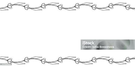 윤곽선 튤립의 벡터 프레임입니다 낙서 스타일의 봄 꽃 수평 상단 및 하단 테두리 테두리 인사말 카드 장식 초대장 발렌타인 데이