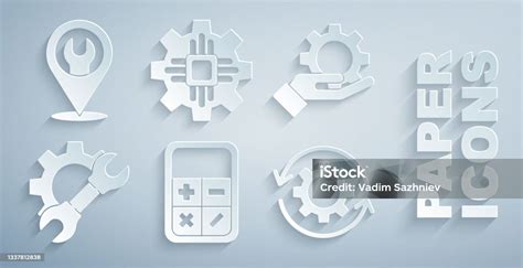 계산기 설정 손에 설정 렌치 스패너 기어 워크 플로플로로 기어 화살표 렌치 아이콘과 프로세서와 위치 벡터 3차원 형태에 대한 스톡 벡터 아트 및 기타 이미지 Istock