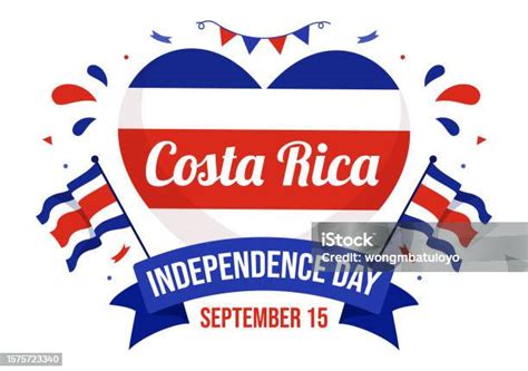 9월 15일 코스타리카의 행복한 독립 기념일 벡터 일러스트레이션은 손으로 그린 템플릿에 깃발 배경과 색종이를 흔들고 있다 9월에 대한 스톡 벡터 아트 및 기타 이미지