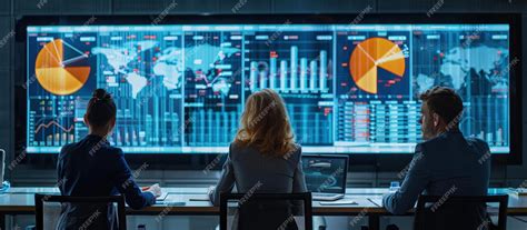 Business Team Analyzing Data On Large Digital Screens In Modern Office Environment Premium Ai