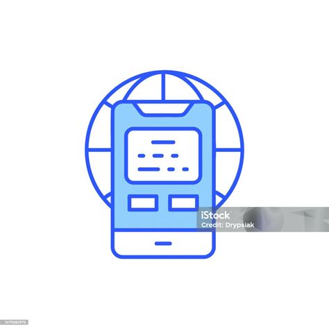 휴대 전화 파란색 선형 아이콘이 있는 지구입니다 글로벌 기술 인터넷 소셜 네트워크 심볼 디자인 0명에 대한 스톡 벡터 아트 및