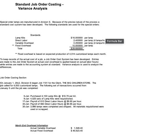 Standard Job Order Costing Variance Analysis
