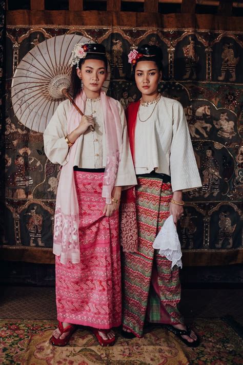 A Couple Burmese Girls Traditional Outfits Myanmar Traditional Dress
