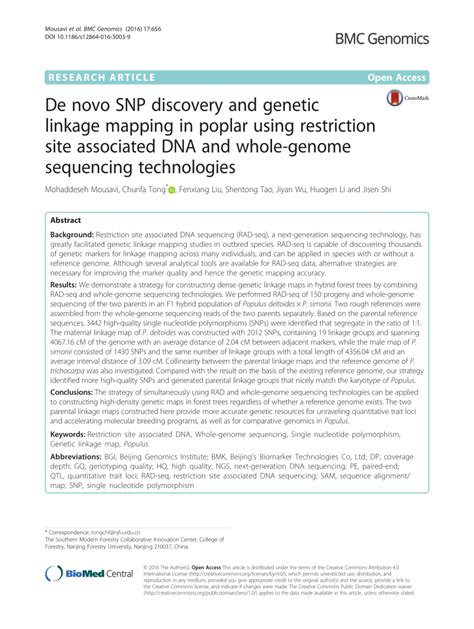 Pdf De Novo Snp Discovery And Genetic Linkage Mapping In Poplar Using