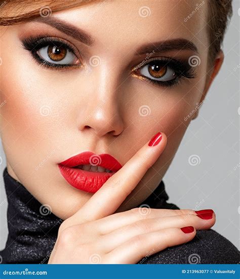 Beautiful Brunette Girl With Red Lips And Short Slick Hair Pretty