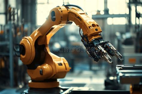 yellow industrial robot manipulator arm working in factory stock