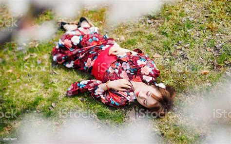 매력적인 아시아 여자 봄 벚꽃 숲에서 기모노를 입고 꽃의 상단에서 본 잔디 필드에 누워 게이샤에 대한 스톡 사진 및 기타 이미지 게이샤 관광 관광객 Istock