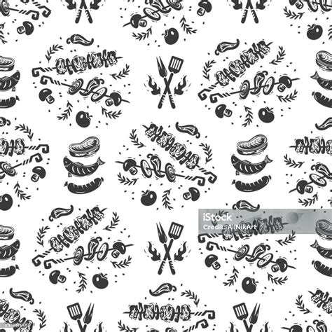 바베큐 파티 시간 고기 케밥 또는 Shashlik과 바베큐 야채 꼬치 바베큐 그릴 고기와 야채 원활한 음식 패턴 손으로 그렸습니다 흑인과 백인 벡터 일러스트 레이 션