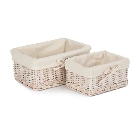 Red Hamper St077 Wicker Set Of 2 White Wash Finish Cotton Lined Willow Tray