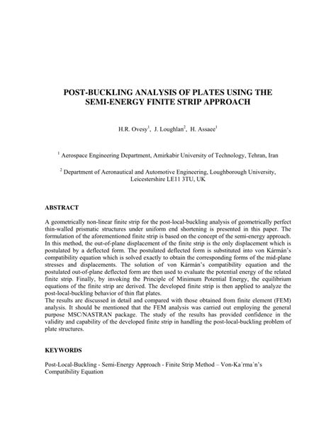 Pdf Post Buckling Analysis Of Plates Using The Semi Energy Finite Strip Approach