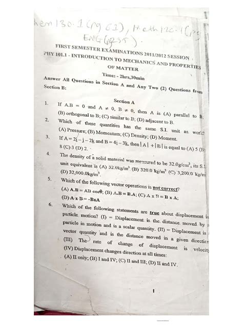 Phy101 1 Past Questions Pdf