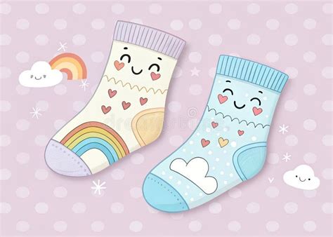 Two Adorable Cartoon Socks With Cute Faces Hearts And Raibows Cute