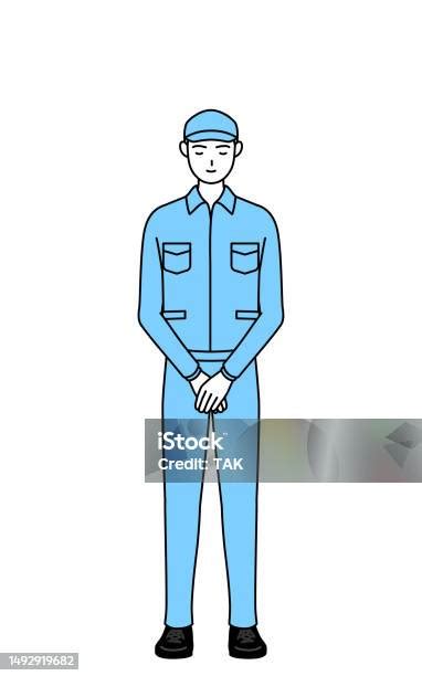 모자를 쓰고 작업복을 입은 남자가 접힌 손으로 절을 하고 있다 감사에 대한 스톡 벡터 아트 및 기타 이미지 감사 고용과