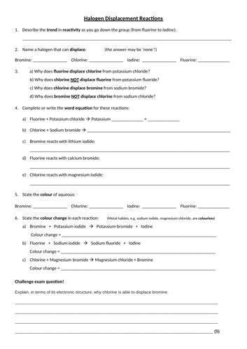 Group 7 Halogen Displacement Reactions Worksheet With Answers Teaching Resources