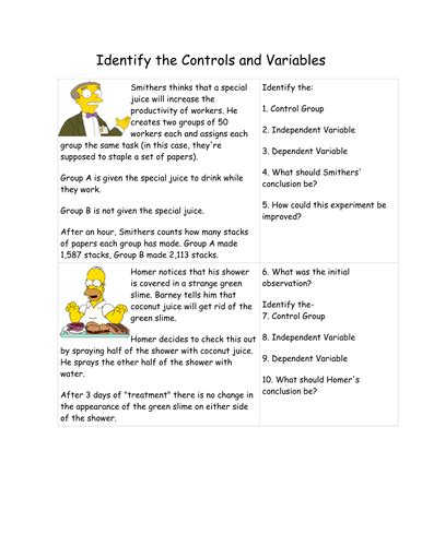 Identify The Controls And Variables Worksheet