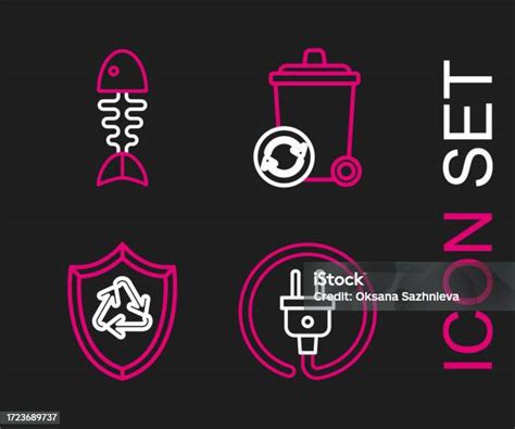 라인 전기 플러그 방패 내부의 재활용 기호 재활용 및 물고기 해골 아이콘이 있는 쓰레기통을 설정합니다 벡터 깨끗한에 대한 스톡 벡터 아트 및 기타 이미지 Istock