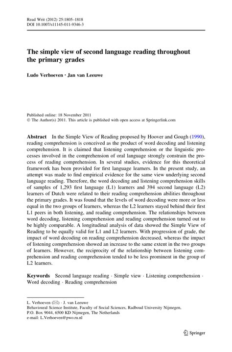 Pdf The Simple View Of Second Language Reading Throughout The Primary Grades