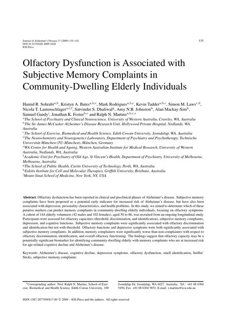 Pdf Olfactory Dysfunction Is Associated With Subjective Memory Complaints In Community