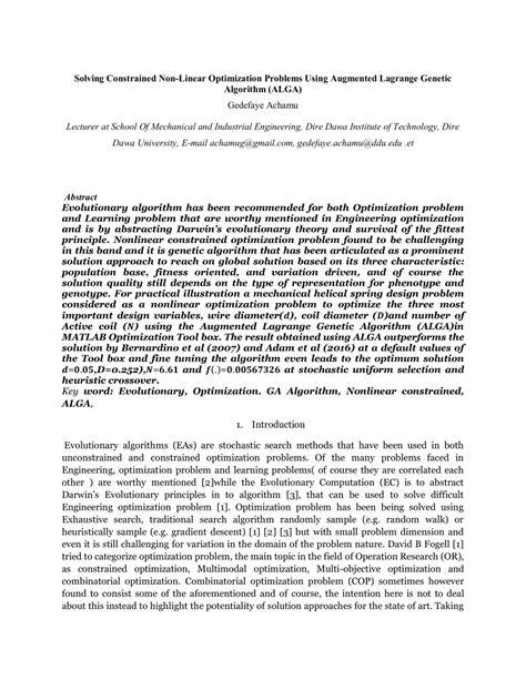 Pdf Solving Constrained Non Linear Optimization Problems Using Augmented Lagrange Genetic