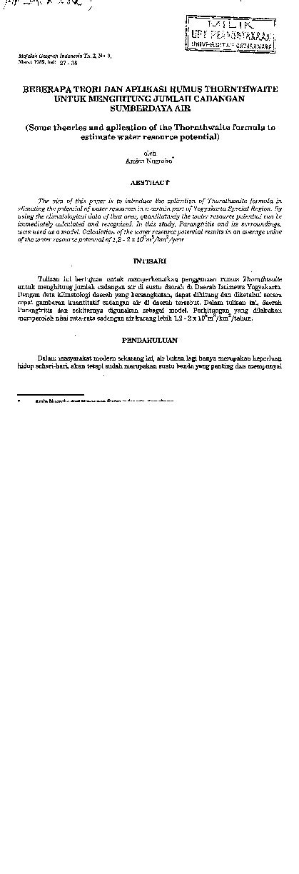 Pdf Beberapa Teori Dan Aplikasi Rumus Thornthwaite Untuk Menghitung