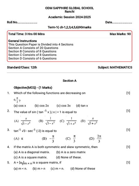 Term 1{ Ch 1 2 3 4 5 6}90marks Pdf Function Mathematics Mathematical Concepts