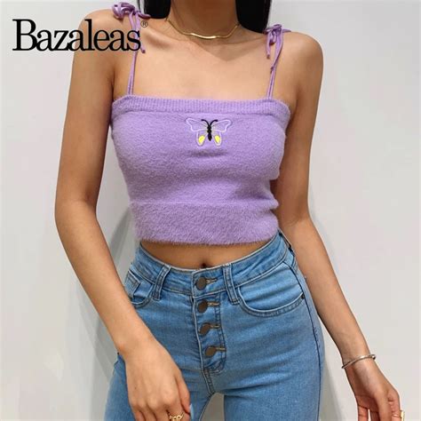 Bazaleas 패션 자수 나비 자르기 탑 Streetwear 조정 스파게티 스트랩 여성 캐미 빈티지 모헤어 여성 탱크 탑
